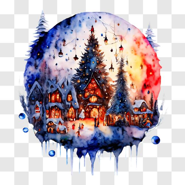 Download Christmas Village Watercolor Painting with Snow-Covered Trees ...