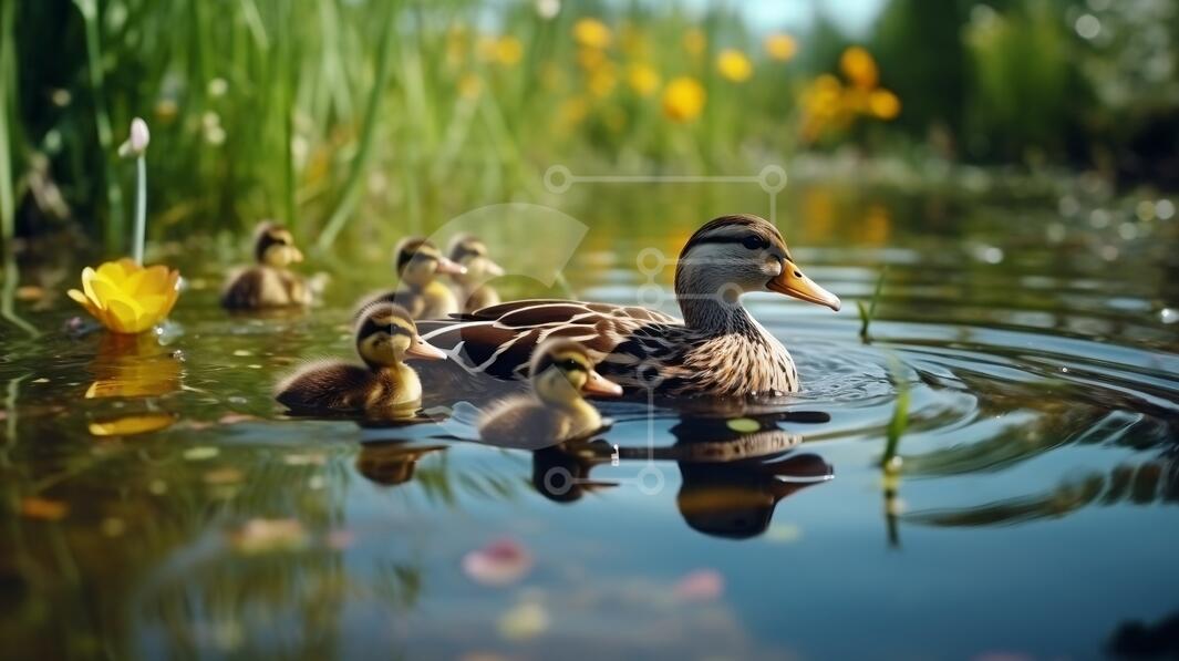Mother Duck and Ducklings in Serene Natural Setting stock photo ...