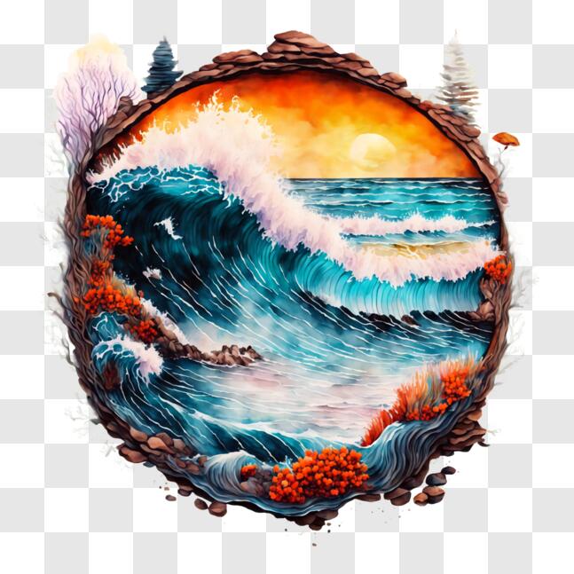 Download Ocean Wave Painting with Sunset PNGs Online - Creative Fabrica