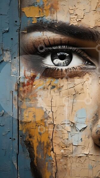 Cracked Face Art: Expressive Eyes and Pouty Lips stock photo | Creative ...
