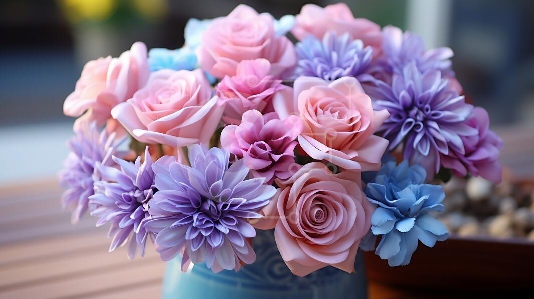 Beautiful Vase with Pink and Purple Flowers stock photo | Creative Fabrica