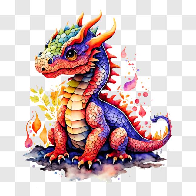 Download Colorful Dragon Illustration on Leaves and Flowers PNGs Online ...