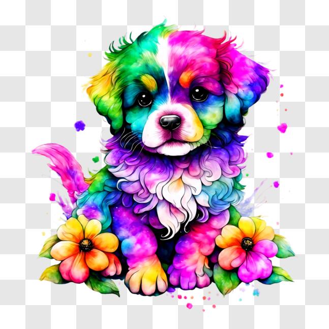 Download Colorful Puppy Sitting in Front of Flowers Art Painting PNGs ...