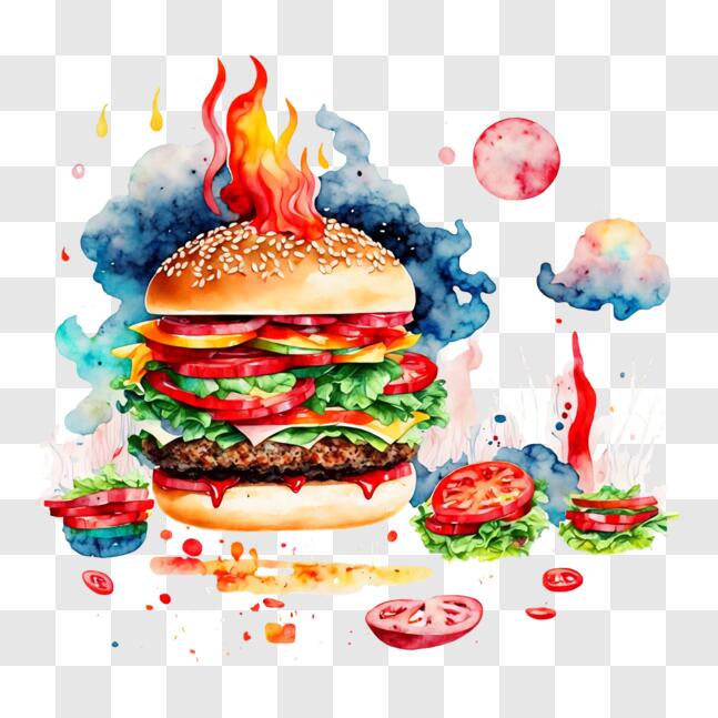 Download Colorful Burger with Flames - Fast Food Concept PNGs Online ...