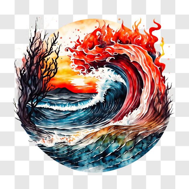 Download The Great Wave of Japan Painting with fire and flames PNGs ...