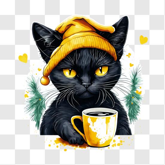 Download Black Cat with Yellow Beanie and Coffee Cup PNGs Online ...