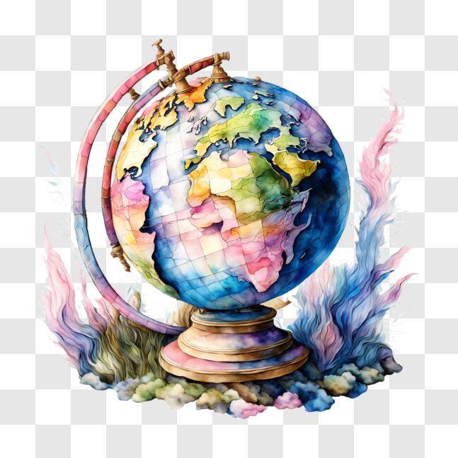 Download Watercolor Globe Painting on Colorful Grasses and Flowers PNGs ...