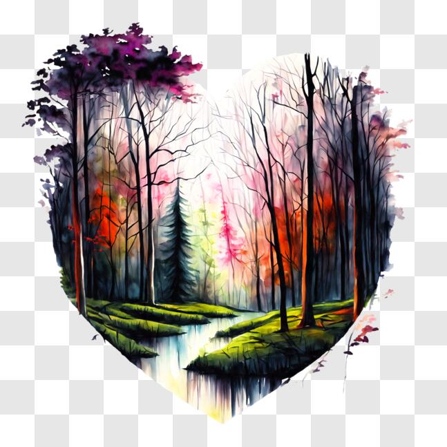 Download Heart-shaped Forest Painting with Trees and Stream PNGs Online ...
