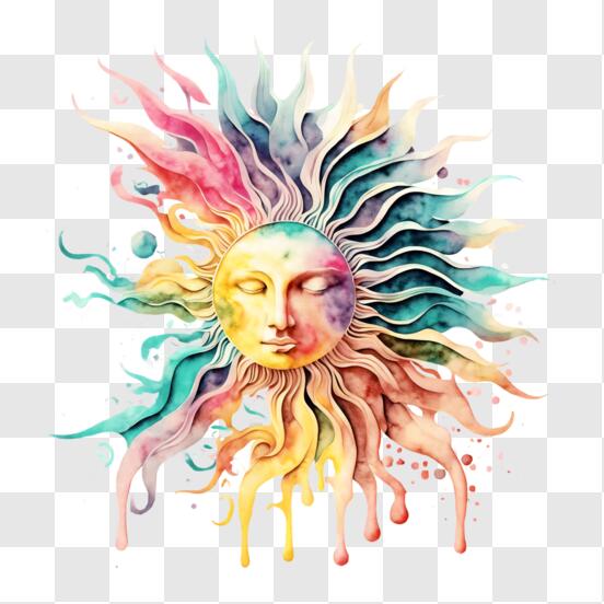 Download Abstract Watercolor Painting of Sun, Moon, and Stars PNGs ...