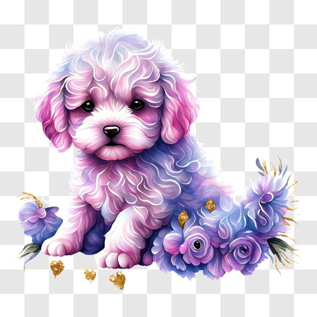 Download Cute Pink and Purple Puppy Sitting on Flowers with Gold Hearts ...