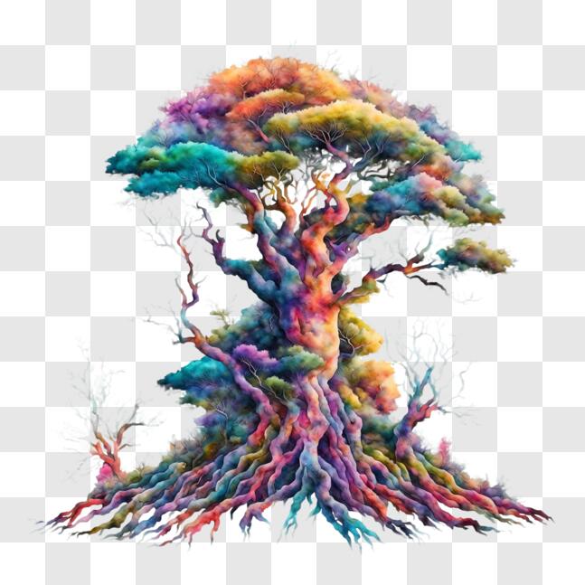 Download Abstract Tree Painting with Colorful Roots and Leaves PNGs ...