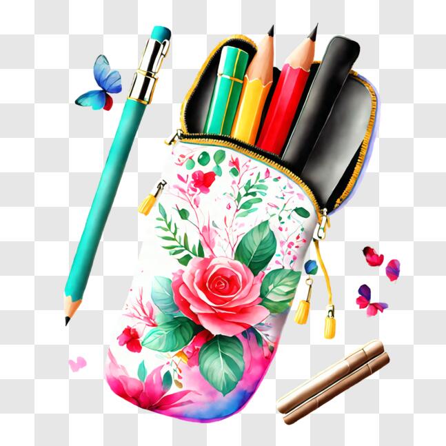 Descarga Estuche de lápices floral con lápices, regla y sacapuntas PNGs ...