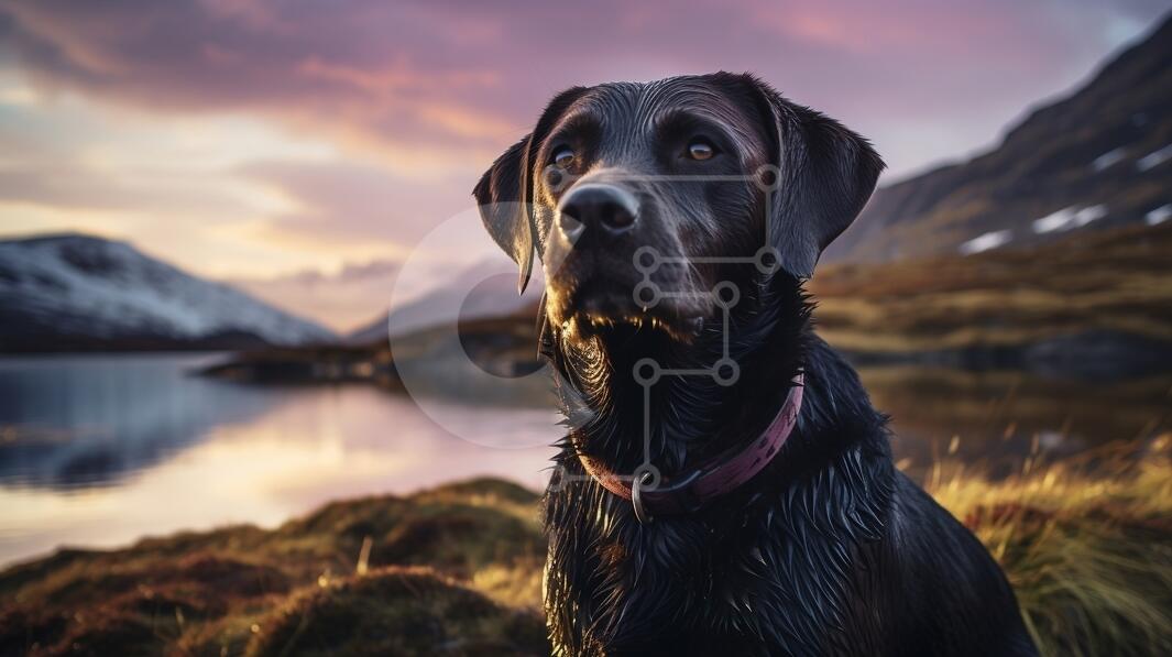 Serious Black Labrador Retriever Dog by the Lake at Sunset stock photo ...