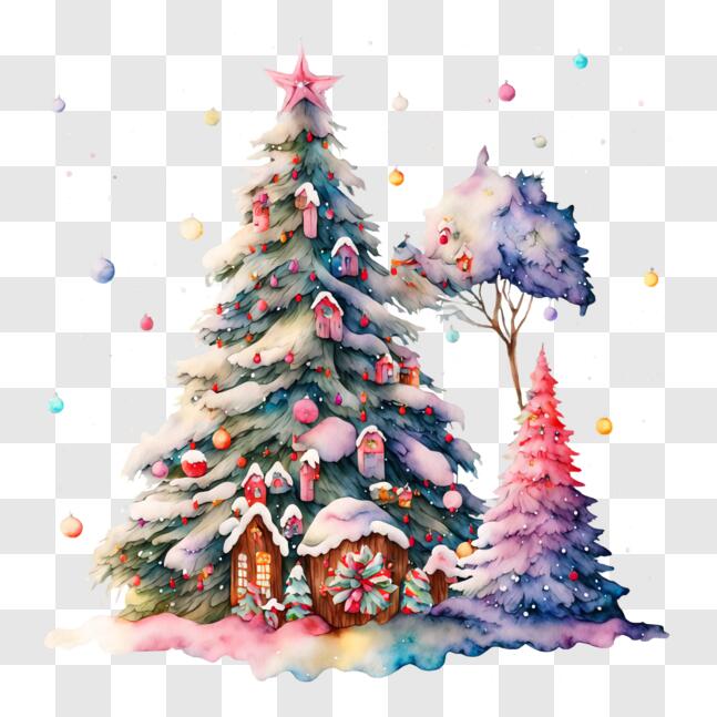 Download Colorful Christmas Tree with Ornaments and Gingerbread Houses ...