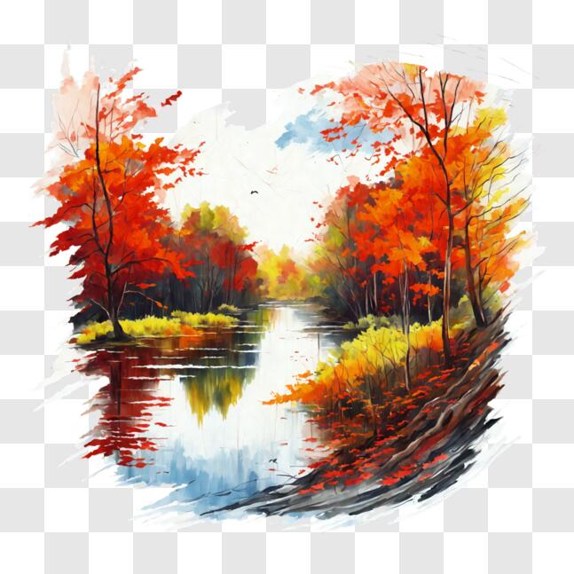 Download Abstract Painting of River, Trees, and Autumn Leaves PNGs ...