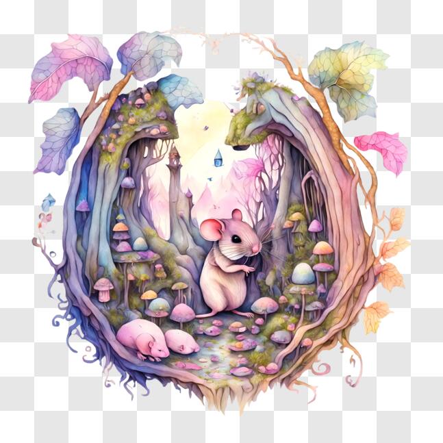 Download Mouse in Forest Illustration with Mushrooms and Flowers PNGs ...