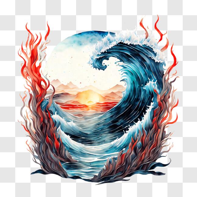 Download Powerful Wave Breaking in the Ocean with Fire and Flames PNGs ...