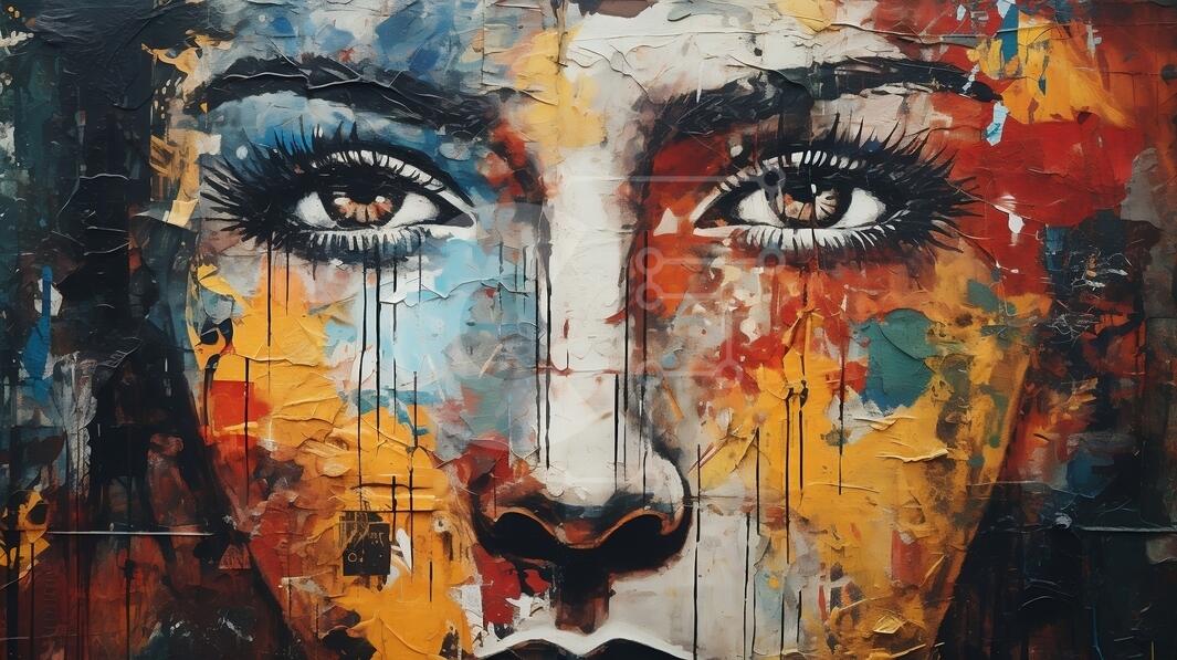 Vibrant Painting of a Woman's Face with Colorful Paint Splatters stock ...