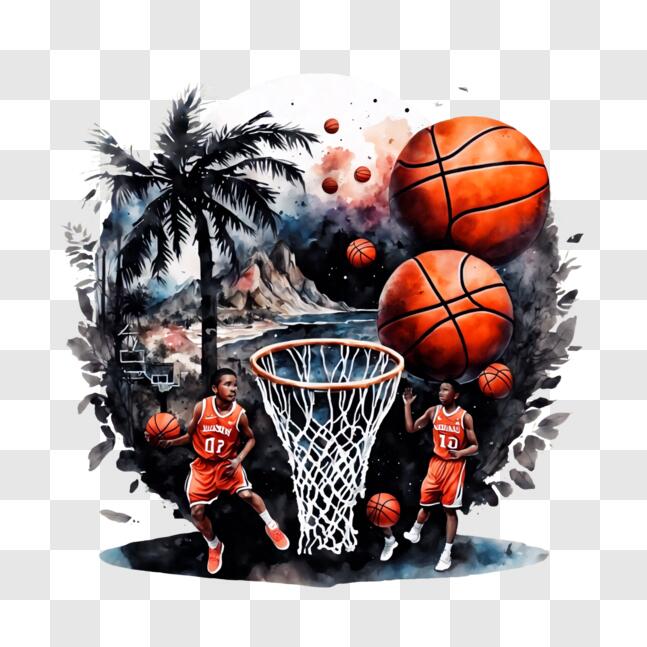 Download Basketball players playing in front of ocean and palm trees ...