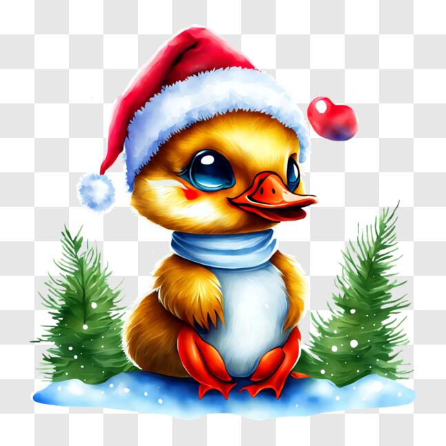 Download Adorable Santa Duck on Snowy Trees PNGs Online - Creative Fabrica
