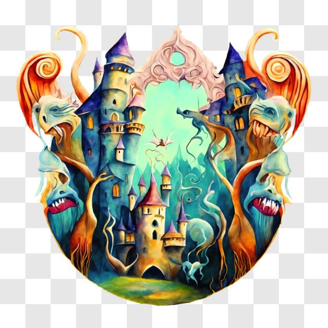 Download Imaginary Castle Painting with Monsters and Dragons PNGs ...
