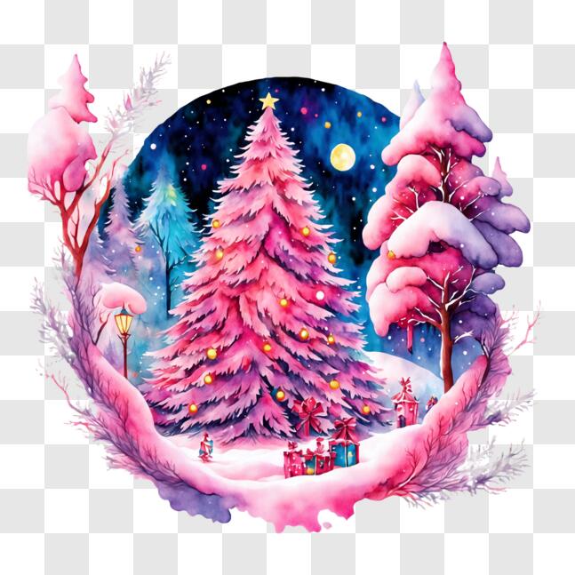 Download Pink Christmas Tree in Snowy Forest with Colorful Decorations ...