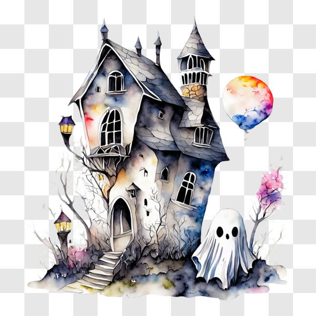Download Watercolor Painting of Haunted House with Ghosts and Pumpkins ...