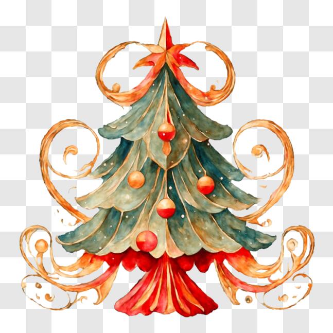 Download Watercolor Christmas Tree with Ornaments and Swirls PNGs ...