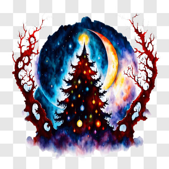 Download Upside-Down Crescent Moon Christmas Tree with Colorful Lights ...