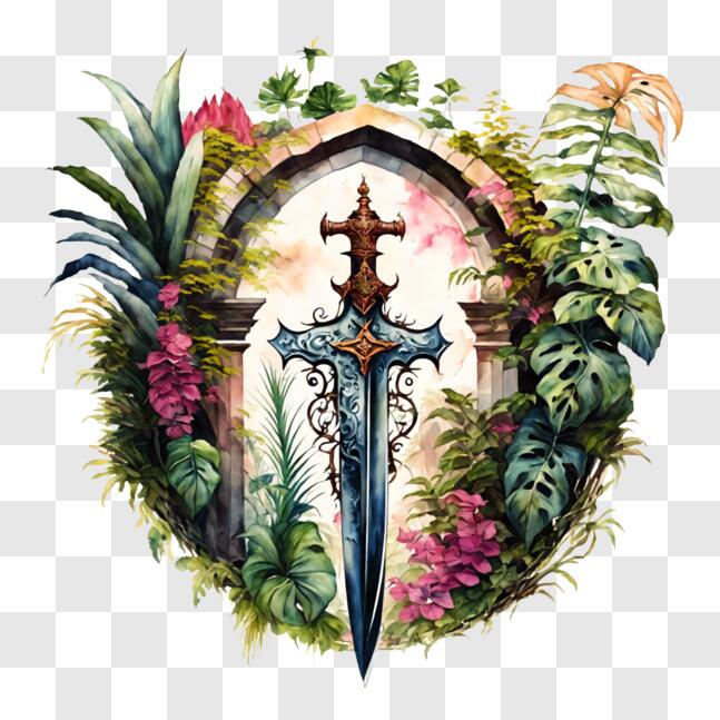 Download Fantasy Sword in Archway surrounded by Plants and Flowers PNGs ...