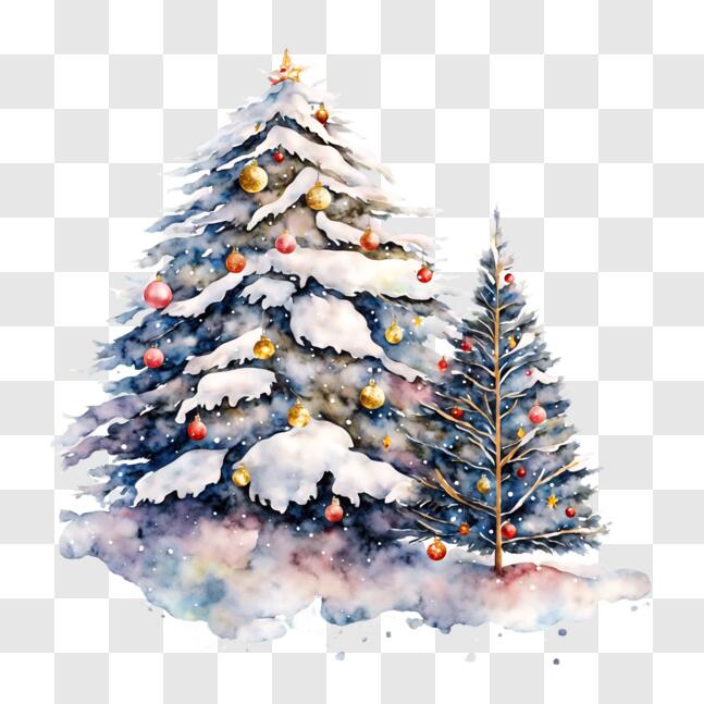 Download Watercolor Christmas Trees with Ornaments and Snow PNGs Online ...