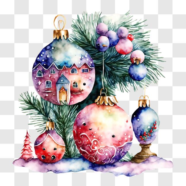 Download Watercolor Christmas Ornaments Hanging on Tree PNGs Online ...