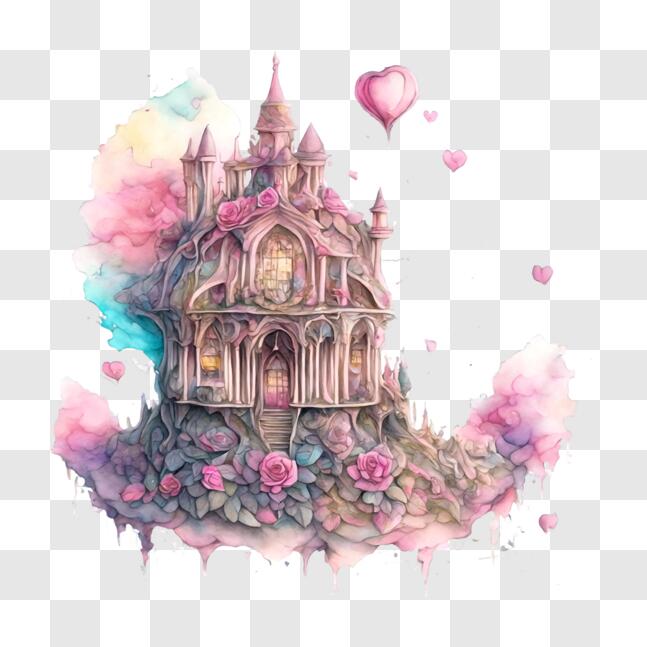 Download Illustration of a Castle in the Clouds with Pink Hearts PNGs ...