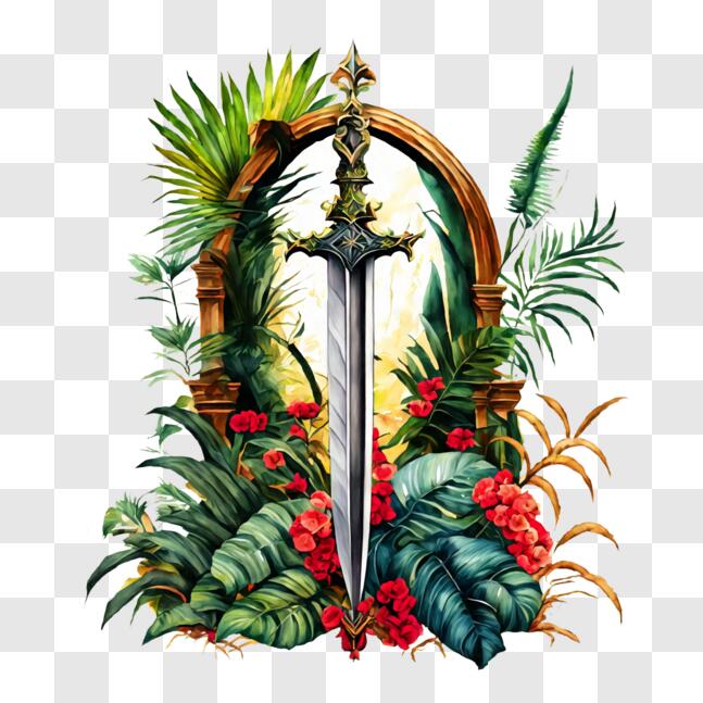 Download Sword surrounded by plants and flowers PNGs Online - Creative ...