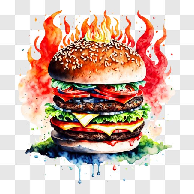 Download Flaming Burger with Various Toppings and Ketchup PNGs Online ...