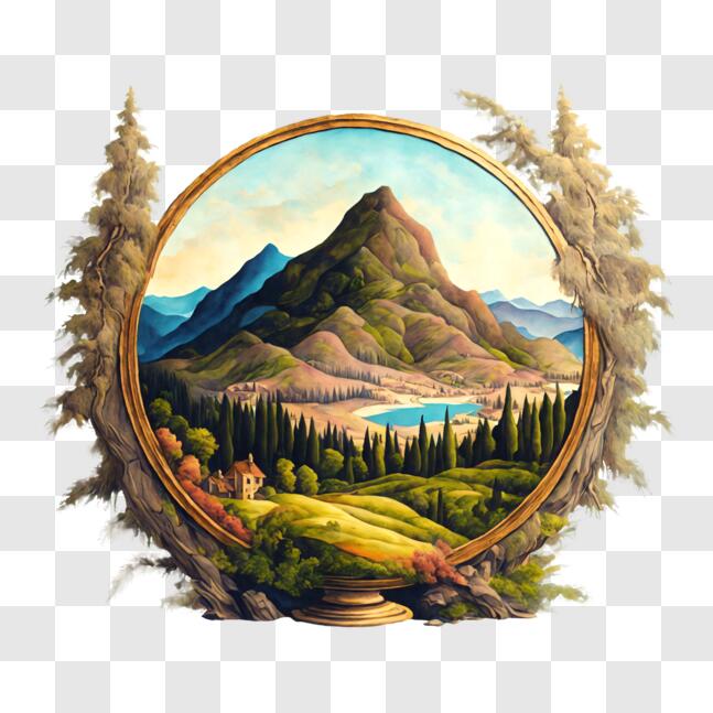 Download Idyllic Landscape Painting in Ornate Circular Frame PNGs ...
