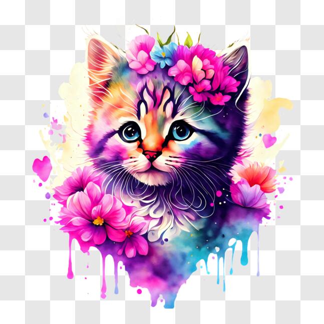 Download Colorful Cat with Flowers Artwork PNGs Online - Creative Fabrica
