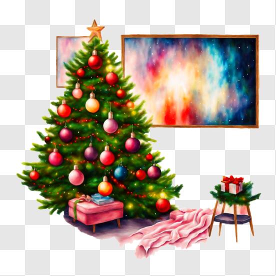 Download Watercolor Christmas Tree with Gold Ornaments PNG Online ...