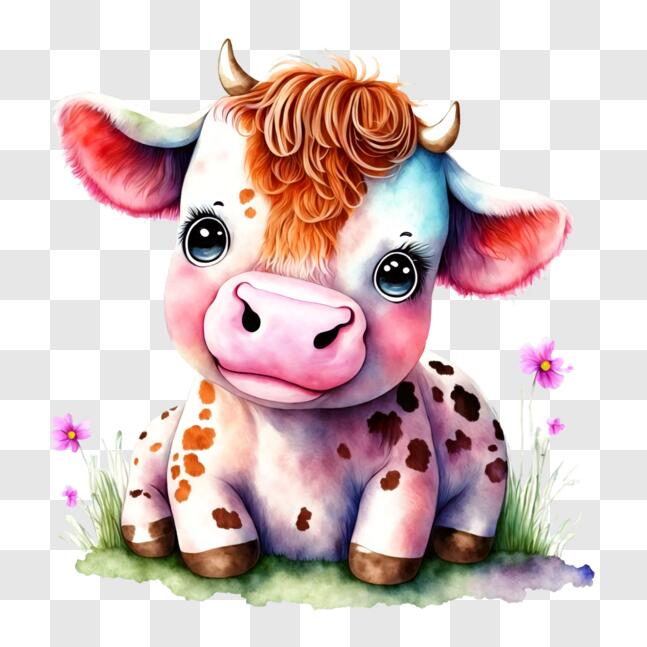Download Small Cow Sitting in Grass with Flowers PNGs Online - Creative ...
