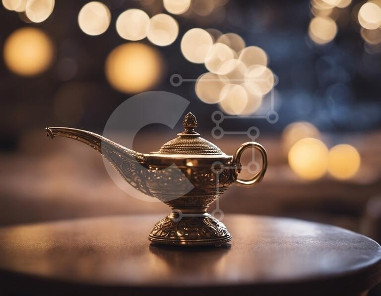 Golden Magic Lamp on a Table Background stock photo | Creative Fabrica