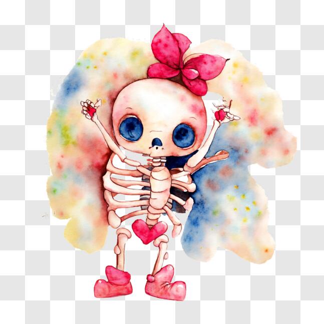 Download Cute Watercolor Painting of Skeleton with Pink Bows and Blue ...