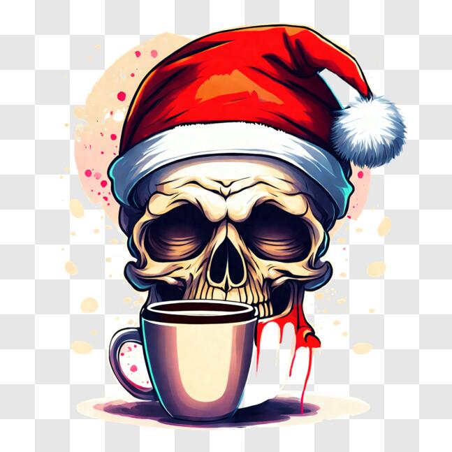 Download Gothic Christmas: Skull in Santa Hat Drinking Coffee PNGs ...