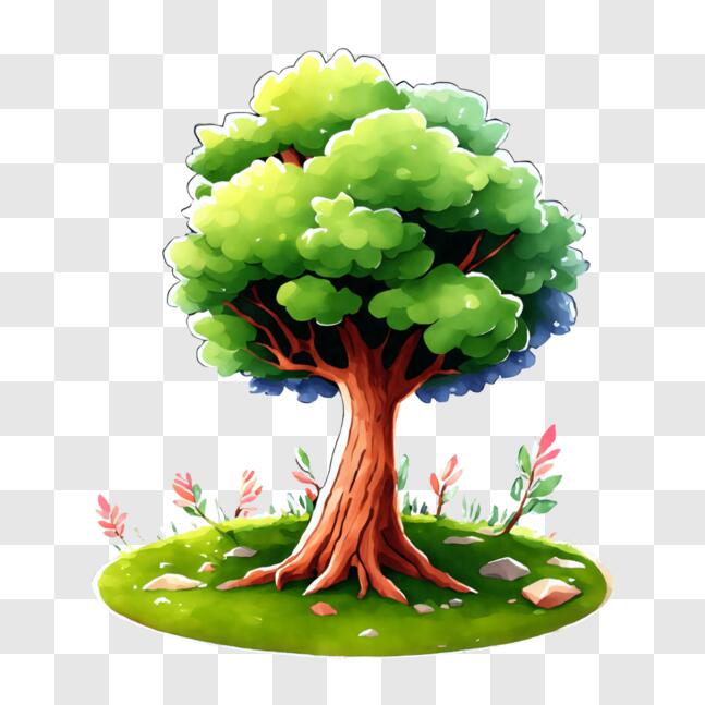 Download Cartoon Tree in an Open Field with Grass and Flowers PNGs ...