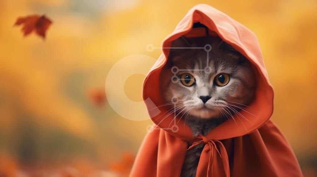 Curious Cat in Orange Hooded Cloak stock photo | Creative Fabrica