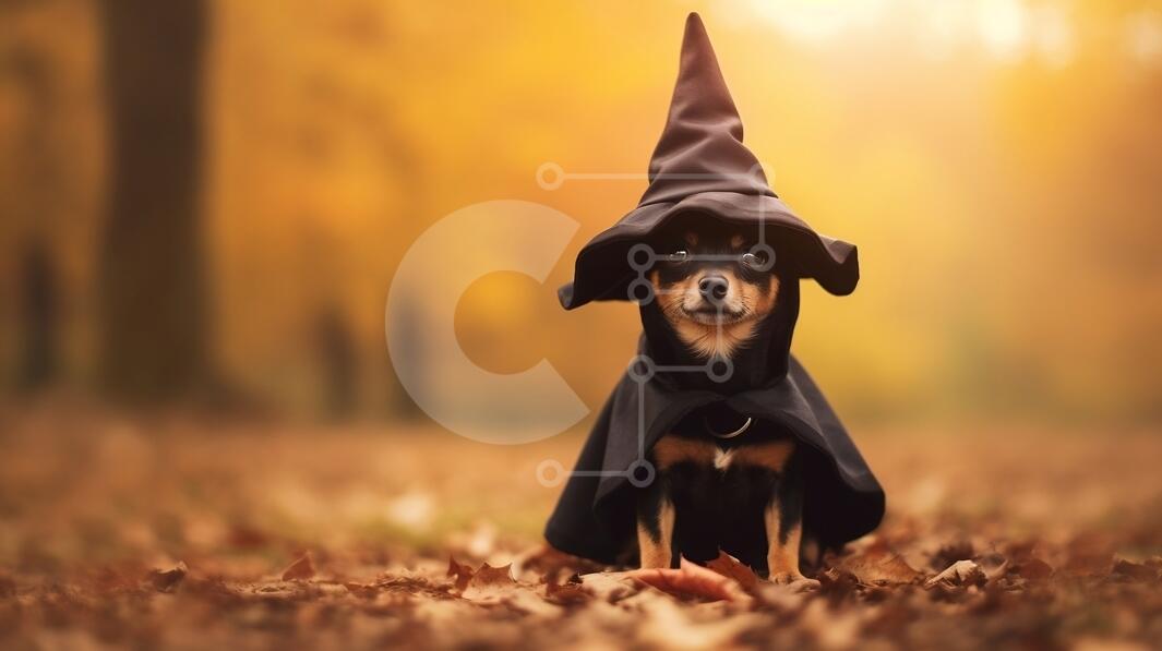 Cute Dog in Witch Hat stock photo | Creative Fabrica