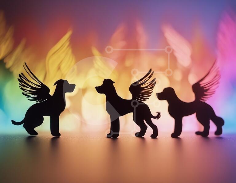 Whimsical Winged Dogs Silhouettes on Colorful Background stock photo ...
