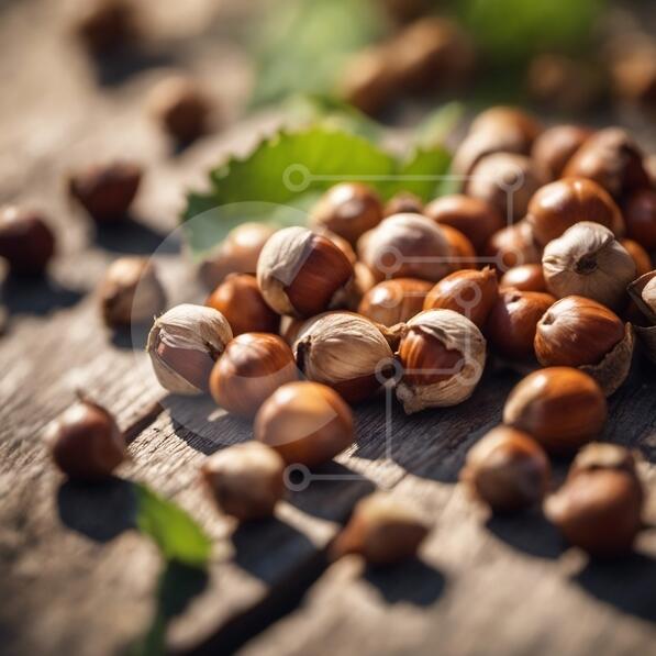 Fresh and Ripe Hazelnuts on a Wooden Surface stock photo | Creative Fabrica