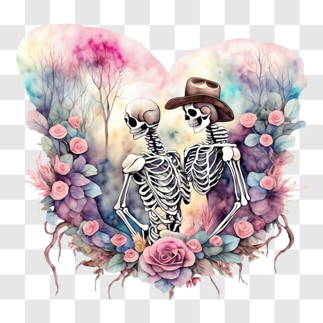 Download Spooky Love: Skeleton Couple Embracing with Roses and Flowers ...