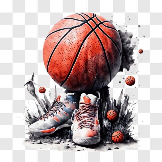 Download Basketball Art Piece with Ball, Sneakers, and Birds PNGs ...