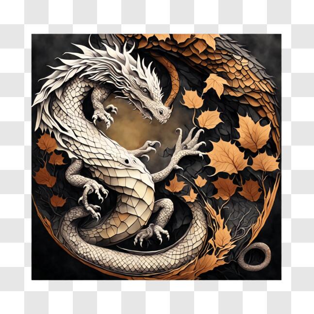 Download White and Brown Dragon Symbol Artwork with Leaf Designs PNGs ...